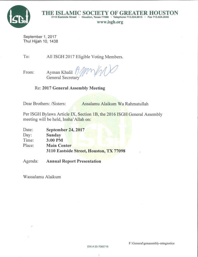 ISGH General Assembly Meeting Notice – Masjid AlSalam